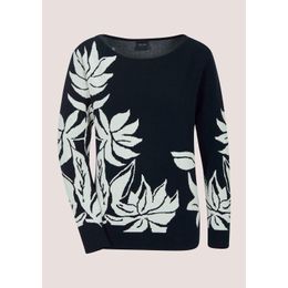 Madeleine Mode MADELEINE Damen Longpullover "Feinstrickpullover Jacquardpullover mit floralem Muster", blau, Modern, Gr. 48, Obermaterial: 50% Baumwolle CO. 50%