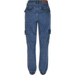 Urban Classics Damen Stoffhose "Urban Classics Damen Ladies Organic Stretch Denim Cargo Pants", blau, Gr. 27, unifarben, 50% Baumwolle (Bio), 48%