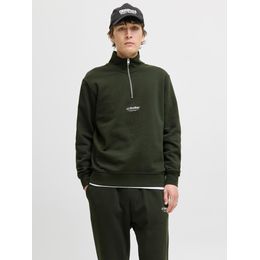 Jack & Jones JACK & JONES Herren Sweatshirt "JJESOHO SWEAT QUARTER ZIP HN NOOS", gr&uuml;n, Gr. M, bedruckt, angeraute Sweatware, Obermaterial: 80% Baumwolle, 20%
