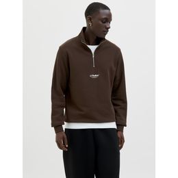 Jack & Jones JACK & JONES Herren Sweatshirt "JJESOHO SWEAT QUARTER ZIP HN NOOS", braun, Gr. S, bedruckt, angeraute Sweatware, Obermaterial: 80% Baumwolle, 20%
