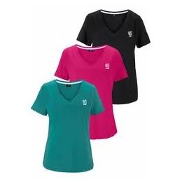 H.I.S. T-Shirt H.I.S "Essential-Basics", Damen, Gr. 40/42, bunt (schwarz, pink, t&uuml;rkis), Single Jersey, Obermaterial: 100% Baumwolle, unifarben, Basic, figurumspielend h&uuml;ftlang, V-Ausschnitt, Shirts T-Shirt, figurumspielender Schnitt, aus Baumwolle, Topseller