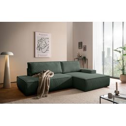 Ecksofa Home Affaire "SHERWOOD, Schlafsofa in L-Form offen (275cm), Cord, Leinenoptik", gr&uuml;n (dunkelgr&uuml;n), B:275cm H:85cm T:167cm, 100% Polyester, Sofas, Ecksofa, Schlaffunktion und Bettkasten, Kedernaht, hoher Sitz- & Liegekomfort