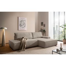 Ecksofa Home Affaire "SHERWOOD, Schlafsofa in L-Form offen (275cm), Cord, Leinenoptik", greige, B:275cm H:85cm T:167cm, 100% Polyester, Sofas, Ecksofa, Schlaffunktion und Bettkasten, Kedernaht, hoher Sitz- & Liegekomfort