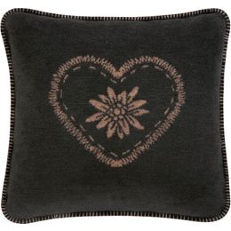 Dekokissen Biederlack "Alp Charm", schwarz, herz, B:50cm L:50cm, Baumwolle, Polyester, Dekokissen_Sitzkissen_Kissenh&uuml;llen, Herzmotiv mit Enzianbl&uuml;te