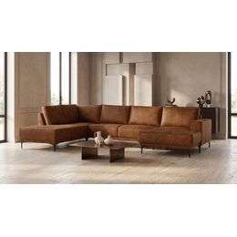 Wohnlandschaft OTTO HOME "XXL Sofa Oland, Struktur, Flachgewebe, Luxus-Microfaser, Boucle", braun (cognac), B:345cm H:85cm T:210cm, Struktur weich (100% Polyester);Luxus-Microfaser (100% Polyester);Webstoff (100% Polyester), Sofas, Wohnlandschaft, U-Form, 345 cm, Wellenunterfederung, Skandi-Design, Metallf&uuml;&szlig;e