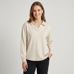 Langarm-Poloshirt Only CARMAKOMA "CARGRETCHEN LS POLOCOLLAR BLOUSE JRS", Damen, Gr. M, birch detail:melange, Jersey, Obermaterial: 78% Polyester, 17% Viskose, 5% Elasthan, meliert, regular fit, V-Ausschnitt, Shirts
