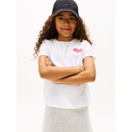 T-Shirt Tommy Hilfiger "TOMMY GRAPHIC FLOCK TEE S/S", M&auml;dchen, Gr. 5 (110), wei&szlig;, Single Jersey, Obermaterial: 60% Baumwolle, 40% Polyester, unifarben, regular fit normal, Rundhals, eingesetzt abgesteppte Kante, Shirts T-Shirt, Kinder bis 16 Jahre, Druck