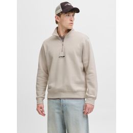 Jack & Jones Sweatshirt JACK & JONES "JJESOHO SWEAT QUARTER ZIP HN NOOS", Herren, Gr. M, moonbeam, angeraute Sweatware, Obermaterial: 80% Baumwolle, 20% Polyester, bedruckt, relaxed fit normal, hoch geschlossener Ausschnitt, Rippb&uuml;ndchen, Sweatshirts Sweatshirt, Baumwollmischung, relaxed fit
