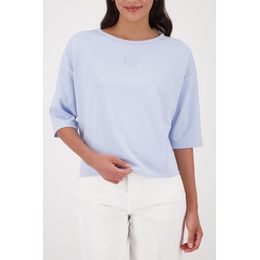 Sweatshirt monari "Sweatshirt Basic Pr&auml;gedruck", Damen, Gr. 34, light sky, Sweatware, Obermaterial: 55% Polyester, 38% Viskose, 7% Elasthan, unifarben, relaxed fit taillenbedeckt, Rundhals, eingesetzt abgesteppte Kante, Sweatshirts Sweatshirt, Relaxed fit mit Pr&auml;ge-Emblem