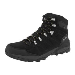Wanderschuh Jack Wolfskin "REFUGIO TEXAPORE MID M", Herren, Gr. 42, schwarz (phantom, burlygelbxt), Leder, Synthetik, Textil, Schuhe Wanderschuh, wasserdicht, Trekkingschuh