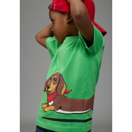 T-Shirt Kidsworld "Shirt mit rundum Dackel-Print", Jungen, Gr. 128/134, gr&uuml;n, Single Jersey, Obermaterial: 100% Baumwolle, bedruckt, Basic, Rundhals, Shirts T-Shirt, Basic Passform, Kurzarm, bedruckte Optik, aus Baumwolle