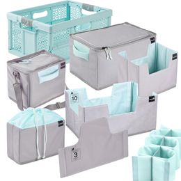 Klappbox keeeper "lea 32l und 5x faltbare Boxen und Isoliertaschen nea", aquamarine, grau, B:48cm H:23,5cm T:34,5cm, Kunststoff, Einkaufsk&ouml;rbe, Klappbox, Soft-Touch-Griffe, zusammenklappbar