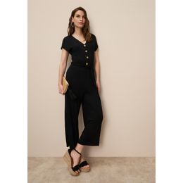 Culotte-Overall Tamaris, Damen, Gr. 44, N-Gr, schwarz, Jersey, Obermaterial: 95% Viskose, 5% Elasthan, figurumspielend ca. Mitte Wade, V-Ausschnitt, Overalls Culotte-Overall, mit Knopfleiste