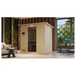 Sauna Karibu "Menja", beige (naturbelassen), Saunaofen, externe Steuerung, 9 kW, Saunen, 9-kW-Ofen mit externer Steuerung