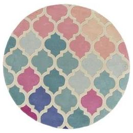 Wollteppich FLAIR RUGS "Rosella", pink (pink, blau), H:10mm &Oslash;:160cm, Wolle, Teppiche, mit Hoch-Tief-Effekt, Wohnzimmer