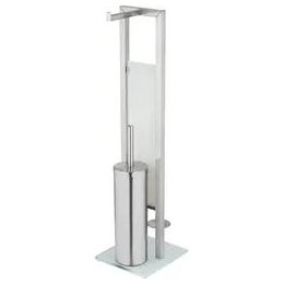 WC-Garnitur Wenko "Rivalta", transparent (silber, silber, transparent), B:18cm H:70cm L:23cm, Edelstahl, Glas, Polypropylen, Reinigungsb&uuml;rsten, Standgarnitur mit integriertem Toilettenpapier- und WC-B&uuml;rstenhalter
