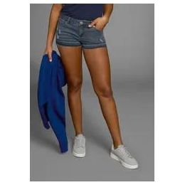 Jeansshorts Kangaroos, Damen, Gr. 40, N-Gr, blau (dunkelblau us), Obermaterial: 80% Baumwolle, 18% Polyester, 2% Elasthan, Destroyed-Effekte, Basic, figurbetont kurz, Jeans Jeansshorts, kurze Hose, mit Destroyed-Effekten, niedrige Leibh&ouml;he