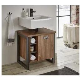 Waschbeckenunterschrank Home Affaire "Detroit, Waschtisch mit Apothekergriff, Badschrank im Industrialdesign", gelb (eiche honigfarben dekor, schiefer, nachbildung), B:61cm H:62cm T:40cm, FSC-zertifizierter Holzwerkstoff, Schr&auml;nke, Waschbeckenunterschrank, Eiche Dekor, mit offenen F&auml;chern & Stauraum, Breite 61 cm