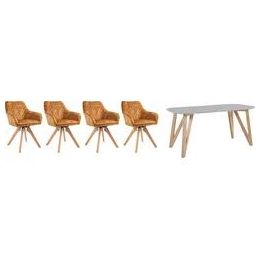 Essgruppe Salesfever "Stilvolle Sitzgruppe", grau (grau, natur, goldfarben, natur), Samtvelours, Essgruppe 5 tlg. 180x90cm, MDF, Massivholz, Polyester, Sitzm&ouml;bel-Sets, Essgruppe, 5-teiliges Set: Samtverlours-St&uuml;hle, 180 drehbar, Tischbreite 180 cm