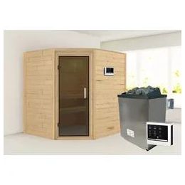 Sauna Karibu "Mia (Fronteinstieg)", beige (naturbelassen), (ohne Ofen), Saunen, Ofen 9 KW externe Strg easy
