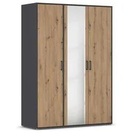Dreht&uuml;renschrank Rauch "Kleiderschrank Schrank Garderobe W&auml;scheschrank VOYAGER", grau (graumetallic, eiche artisan), B:140cm H:194cm T:53cm, Holzwerkstoff, Schr&auml;nke, Dreht&uuml;renschrank, mit modernen Griffen in Graumetallic und Spiegel