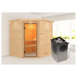 Sauna Karibu "Mia (Fronteinstieg)", beige (naturbelassen), (ohne Ofen), Saunen, Ofen 9 kW integr. Strg