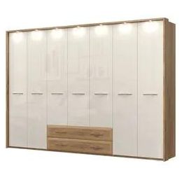 Kleiderschrank OTTO HOME "Gala, beige hochgl&auml;nzend UV lackiert, kratzfest, FSC-zertifiziert", beige (beige, pacific walnut), B:317cm H:224cm T:56cm, Holzwerkstoff, MDF, Schr&auml;nke, Kleiderschrank, mit Beleuchtung und Passpartourahmen, hoher Schrank (224cm), 4 Breiten