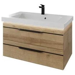 Waschtisch SAPHIR "Serie Balto Mineralmarmor-Waschtisch mit Unterschrank, 92 cm breit", braun (riviera eiche quer nachbildung, schwarzer einlage, riviera eiche quer nachbildung), B:92cm H:55,6cm T:50,8cm, Waschtische, Waschtisch, Waschplatz mit 2 Schubladen, Badschrank in verschiedenen Ausf&uuml;hrungen