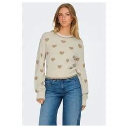 Jacqueline de Yong Rundhalspullover JDY "JDYROMANCE L/S JACQ. PULLOVER KNT NOOS", Damen, Gr. S, beige (birch detail:w humus heart jacquard), Strick, Obermaterial: 100% Polyacryl, gemustert, normal, Rundhals, Pullover Rundhalspullover
