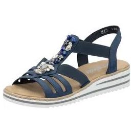 Riemchensandale Rieker, Damen, Gr. 41, blau (jeansblau), Lederimitat, Schuhe Riemchensandale, Sommerschuh, Sandalette, Keilabsatz, mit sommerlicher Verzierung, Topseller