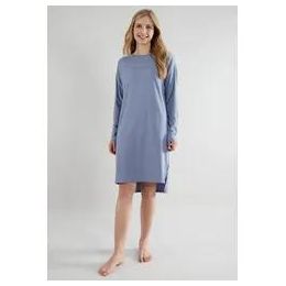 Nachthemd Tom Tailor "Charlotte", Damen, Gr. 44 (XXL), N-Gr, blau (blau, mittel, uni), Obermaterial: 100% Baumwolle, bequem knielang, Rundhals, gerader Abschluss, Kleider Nachthemd, knielang, Langarm, weich, mit Logodruck, Baumwolle