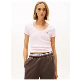 Tommy Hilfiger Kurzarmshirt TOMMY JEANS "TJW SLIM ESSENTIAL RIB V SHORT SLEEVE", Damen, Gr. L (40), light pink, Feinripp, Obermaterial: 95% Baumwolle, 5% Elasthan, gestreift, slim fit kurz, tiefer V-Ausschnitt, abgesteppt, Shirts, mit gerippter Struktur, V-Ausschnitt, Slim Fit