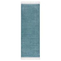 Hochflor-Teppich Carpet City "Pulpy 100" Gr. 12, blau, B:80cm H:30mm L:300cm, Kunstfaser, Teppiche, Fransenteppich, L&auml;ufer, weich, mit Fransen, uni, viele Gr&ouml;&szlig;en, Wohnzimmer, Schafzimmer