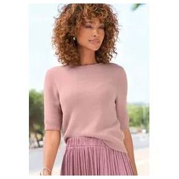 Kurzarmpullover Lascana, Damen, Gr. 44/46, mauve, Rippstrick, Obermaterial: 52% Polyamid, 30% Viskose, 18% Polyester, unifarben, figurumspielend h&uuml;ftlang, Rundhals, Pullover, flauschiger Strickpullover, figurnaher Schnitt, Topseller
