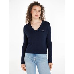 Tommy Jeans Damen Strickpullover &raquo;TJW ESSENTIAL VNECK SWEATER EXT&laquo; mit Logostickerei blau XS (34)