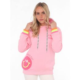 Zwillingsherz Damen Hoodie &raquo;Always Happy&laquo;, Smiley aus Frottee, Neon-Details, Kapuze, Langarm rosa L/XL