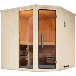 Weka Sauna &raquo;Element-Ecksauna VARBERG 3&laquo; vorgefertigte Elemente, moderne Ganzglast&uuml;r, bodenl. Fensterelement wei&szlig;