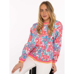 Zwillingsherz Damen Hoodie &raquo;"Flower Sparkles"&laquo;, Rundhals, gestreifte Neon-B&uuml;ndchen, florales Muster S/M