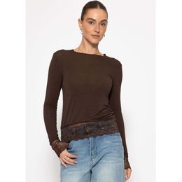 SASSYCLASSY Langarmshirt mit Spitzenborte und Kaschmiranteil in Braun | Gr.: L