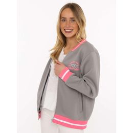 Sweatjacke Zwillingsherz "College", Damen, Gr. L/XL, mittelgrau, Sweatware, Obermaterial: 50% Baumwolle, 50% Polyester, Sweatjacken Sweatjacke, Rei&szlig;verschluss, gestreiften Rippb&uuml;ndchen, Eingriffstaschen, Stickerei