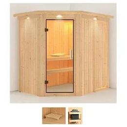 Sauna Karibu "Swantje", beige (naturbelassen), ohne Ofen, (ohne Ofen), Saunen, ohne Ofen