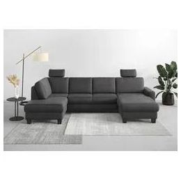 Wohnlandschaft Home Affaire "Summer U-Form", grau, B:314cm H:91cm T:170cm, 100% Polyester, Sofas, Wohnlandschaft, mit oder ohne Bettfunktion und Bettkasten, wengefarbene Holzf&uuml;&szlig;e