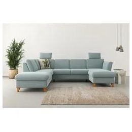 Wohnlandschaft Home Affaire "Trelleborg U-Form", blau (aqua), B:307cm H:86cm T:213cm, 100% Polyester, Sofas, Wohnlandschaft, Federkern-Polsterung, wahlweise mit Bettfunktion und Stauraum