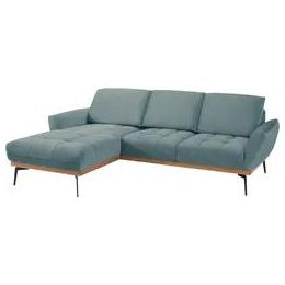 Ecksofa exxpo - SOFA FASHION "Palic, inkl. R&uuml;ckenverstellung, bequem, elegant, Breite 245cm, L-Form", blau (blau, gr&uuml;n), B:245cm H:87cm T:185cm, Webstoff Premium: 67% Polyester, 33% Baumwolle;Webstoff: 100% Polyester;Velours: 100% Polyester, Sofas, Ecksofa, vom Sofa zum Hochlehner. Hohe F&uuml;&szlig;e und Holzblende als Designmerkmal
