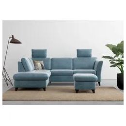 Ecksofa Home Affaire "Trelleborg L-Form", blau (blau, grau), B:252cm H:86cm T:213cm, 100% Polyester, Sofas, Ecksofa, optional Schlaffunktion und Bettkasten, inkl. Federkern-Polsterung