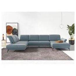 Sit & More Wohnlandschaft SIT & MORE "Coco U-Form", blau (blau, grau), B:382cm H:88cm T:242cm, 100% Polyester, Sofas, Wohnlandschaft, Sitztiefen-, Arm- und Kopfteilverstellung, Cord-Bezug, Fu&szlig;h&ouml;he 15 cm