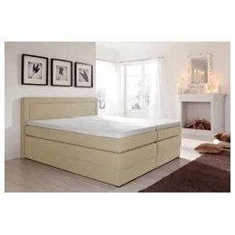 Boxspringbett Hapo, beige, Liegefl&auml;che B/L: 200cm x 200cm, kein H&auml;rtegrad, Bonnell-Federkernmatratze, Kopfteil, seitliche Unterbox und Obermatratze sind mit pflegeleichtem Feinstrukturstoff in Leinenoptik (100% Polyester) bezogen;Die Oberseite der Unterfederung und die Ober- und Unterseite der Obermatratze sind jeweils mit einem rutschhemmenden Stoff aus 100% Polyester bespannt., Komplettbetten, B