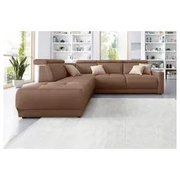Ecksofa DOMO collection "Ava, moderne Sitzheftung mit toller Doppelnaht, komfortabel, L-Form", braun (espresso), B:266cm H:84cm T:99cm, Kunstleder SOFTLUX;Struktur fein (100% Polyester);Zierkissen: Microfaser PRIMABELLE (100% Polyester);Struktur (100% Polyester);Microfaser PRIMABELLE (100% Polyester), Sofas, Ecksofa, mit Ottomane, inkl. Federkern, wahlweise mit Kopfteilverstellungen
