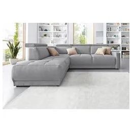 Ecksofa DOMO collection "Ava, moderne Sitzheftung mit toller Doppelnaht, komfortabel, L-Form", grau, B:266cm H:84cm T:99cm, Kunstleder SOFTLUX;Struktur fein (100% Polyester);Zierkissen: Microfaser PRIMABELLE (100% Polyester);Struktur (100% Polyester);Microfaser PRIMABELLE (100% Polyester), Sofas, Ecksofa, mit Ottomane, inkl. Federkern, wahlweise mit Kopfteilverstellungen