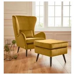 Sessel Home Affaire "Salla auch in Fellimitat und Feincord, viele Bezugsarten, Ohrensessel", gold, H:118cm T:94cm, Samtoptik (100% Polyester), Sessel, Sessel, wahlweise mit oder ohne Hocker; gro&szlig;er Sessel: Ma&szlig;e B/T/H: 78/94/118cm